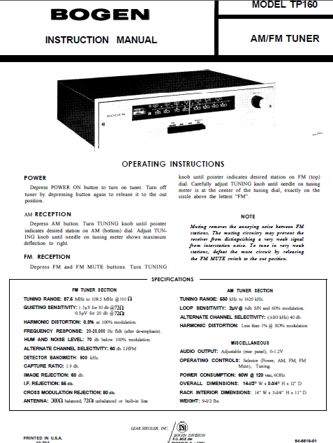 BOGEN Model TP-160 AM FM Tuner Instruction Manual – Electronic Service Manuals