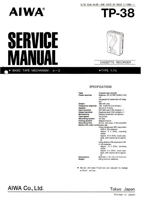 AIWA TP-38 Cassette Recorder Instructions Manual – Electronic Service Manuals