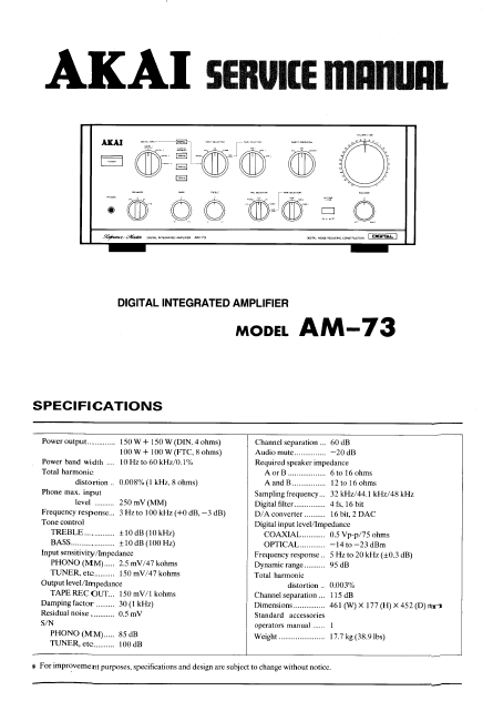 AKAI Model AM-73 Digital Integrated Amplifier Service Manual ...