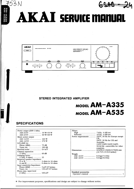 AKAI Model AM-A335 Schematics – Electronic Service Manuals