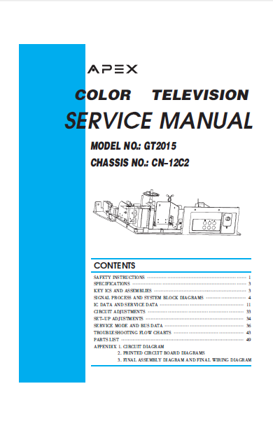 APEX GT2015 Color Television CN12C2 Service Manual – Electronic Service ...