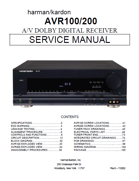 Harman Kardon AVR 100-200 AV Dolby Digital Receiver Service Manual ...