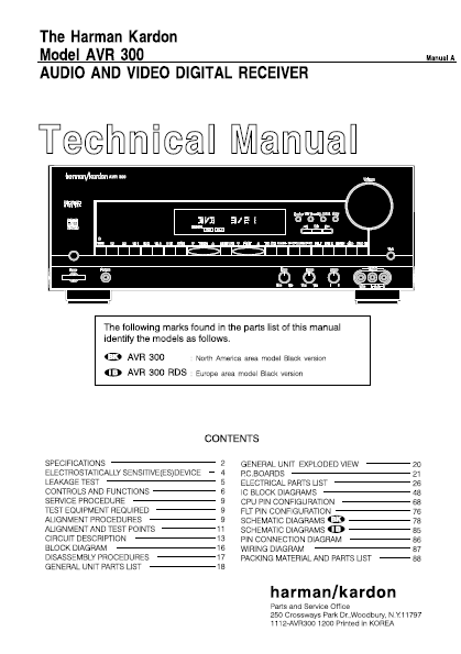 Harman Kardon Model AVR 300 Audio Video Digital Receiver Technical Ser ...