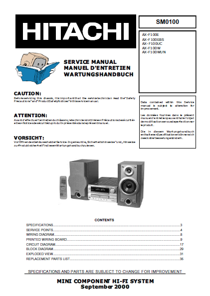 HITACHI AX-F100 Mini Component HI-FI System Service Manual – Electronic ...