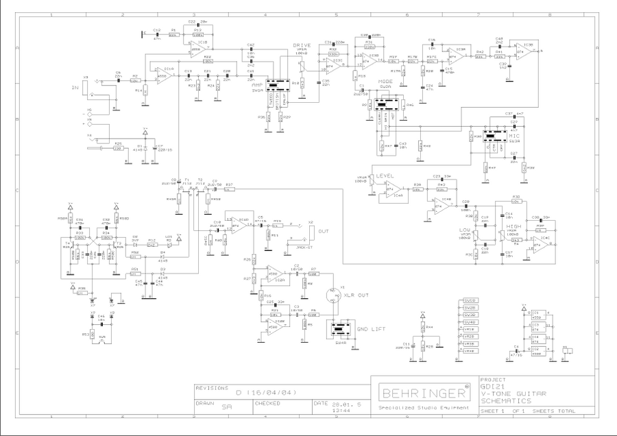 BEHRINGER GD121 V-tone Guitar rev D Schematics – Electronic Service Manuals