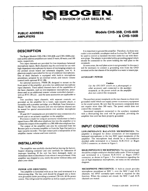 BOGEN Model CHS-35B Amplifier Instruction Manual – Electronic Service ...