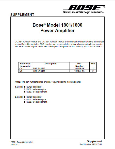 BOSE Supplement 1801-1800 Power Amplifier Service Manual – Electronic ...