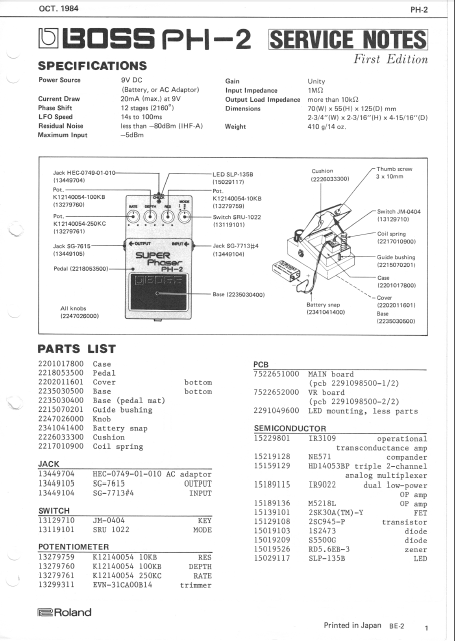 BOSS PH2 Super Phaser Pedal Service Notes – Electronic Service Manuals