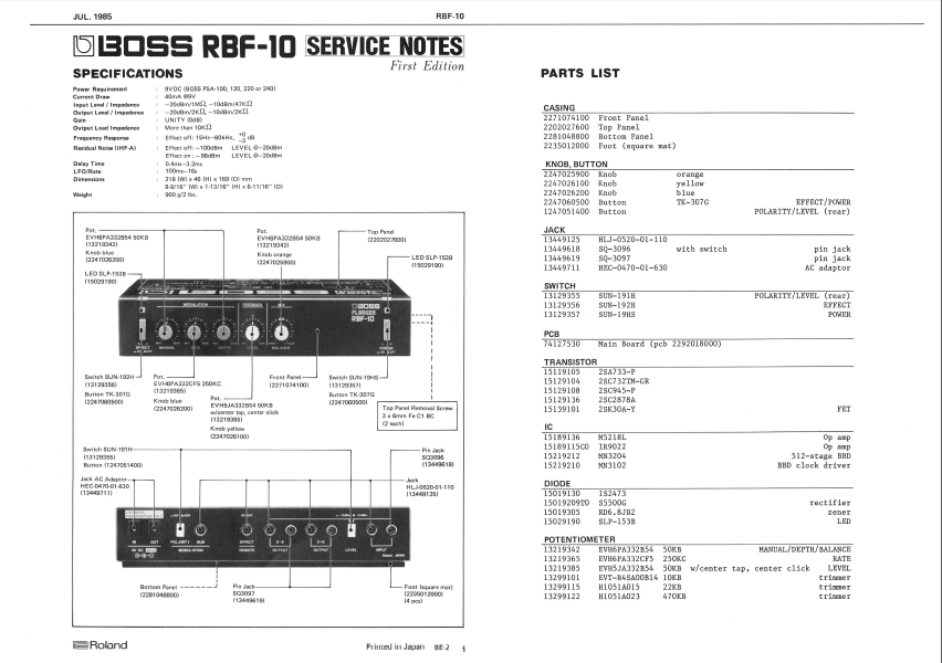 BOSS RBF10 Flanger Service Notes – Electronic Service Manuals