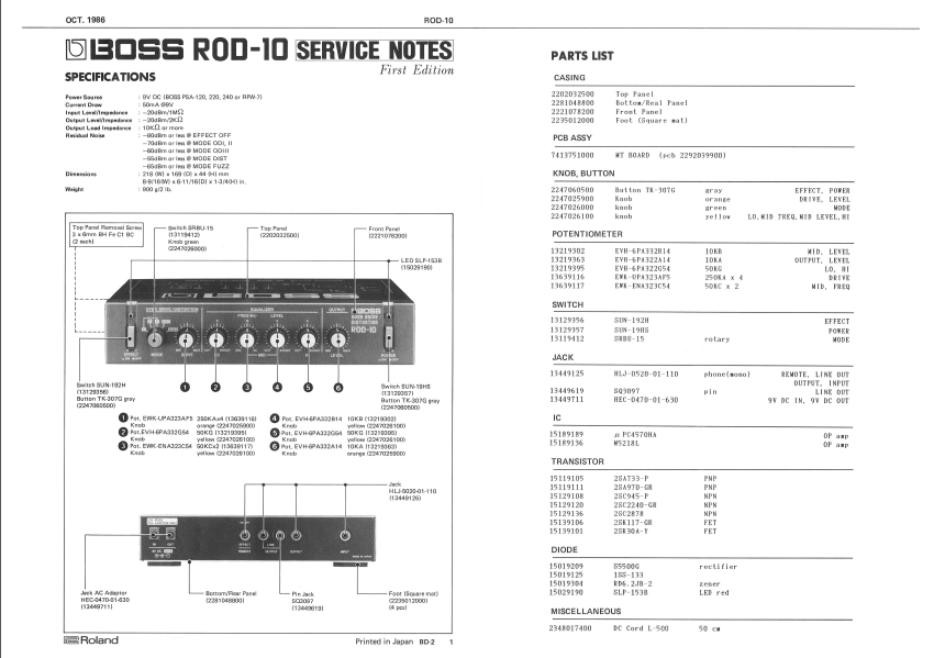 BOSS ROD10 Overdrive Service Notes – Electronic Service Manuals
