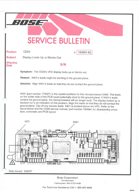 BOSE CD20 Music Center Supplement Operation Manual – Electronic Service ...