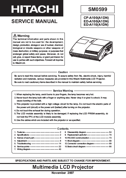 HITACHI CP-A100 Multimedia LCD Projector Service Manual – Electronic ...