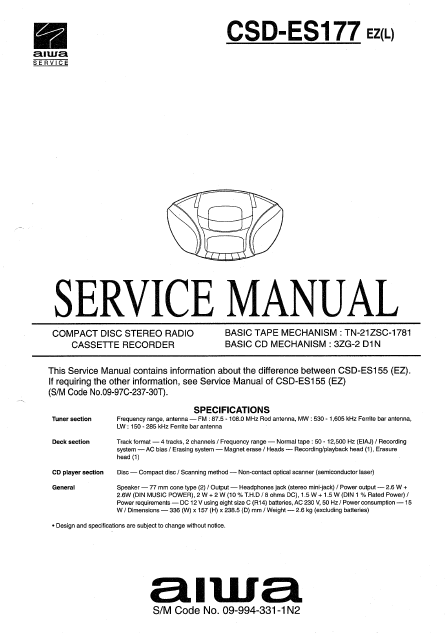 AIWA CSD-ES177L Compact Disc Recorder Service Manual – Electronic ...
