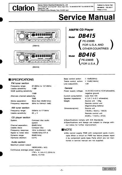 Audio TO Clearcom-Clarion_DB415,BD416 Service Manual – Electronic ...