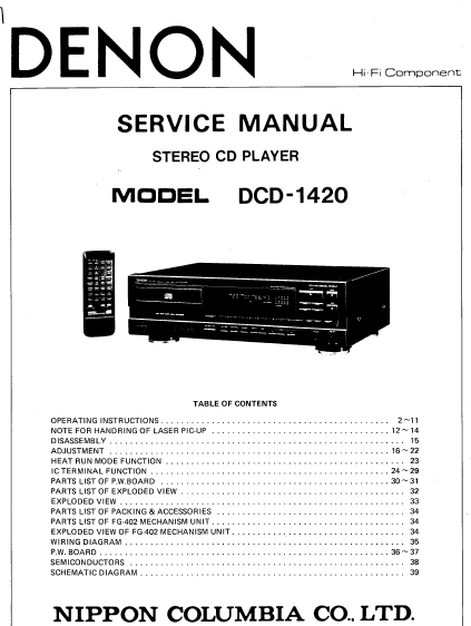 DENON DCD-1420 Stereo CD Player Service Manual – Electronic Service Manuals