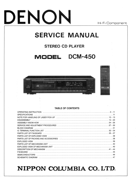 DENON DCM-450 Stereo CD Player Service Manual – Electronic Service Manuals