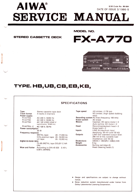 AIWA FX-A770 Stereo Cassette Deck Service Manual – Electronic Service ...