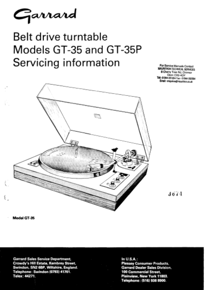 GARRARD Models GT 35-35P Belt Drive Turntable Service Manual ...