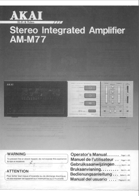 AKAI AM-M-77 Stereo Integrated Amplifier Operator's Manual – Electronic ...