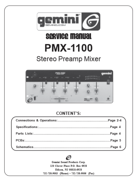 Gemini Model Pmx 1100 Stereo Preamp Mixer Service Manual Electronic