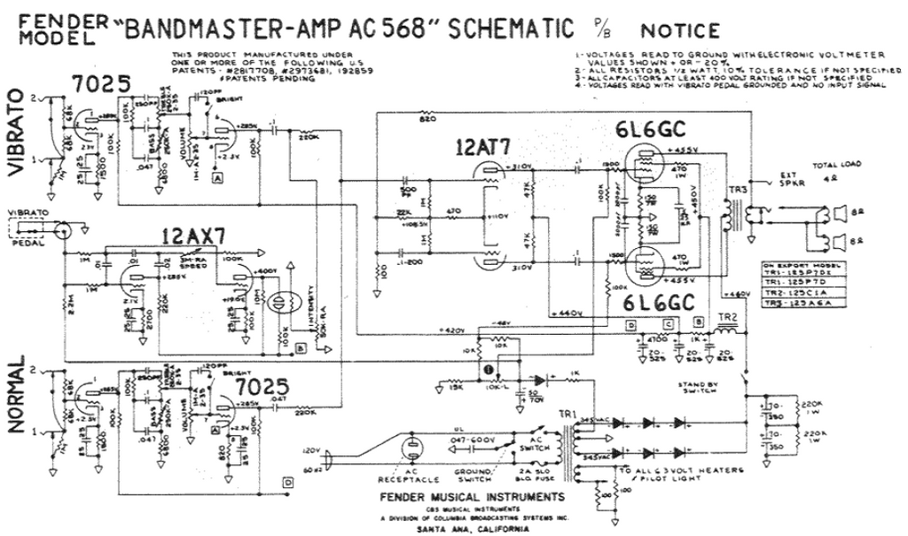 FENDER Bandmaster AC568 Schematic – Electronic Service Manuals