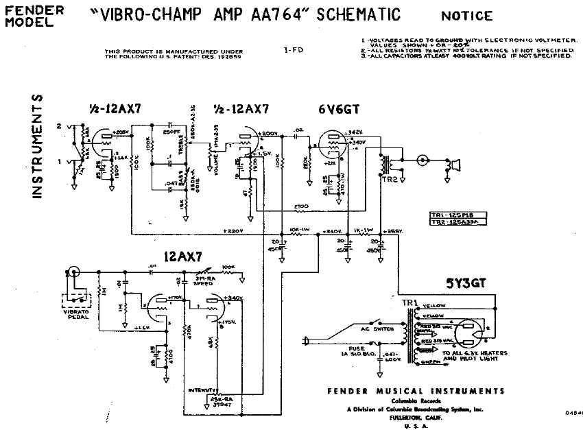 FENDER Vibro-Champ Amp AA764 Schematic – Electronic Service Manuals