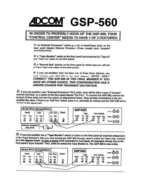 ADCOM GSP-560 Hookup Amplifier Owner's Manual – Electronic Service Manuals
