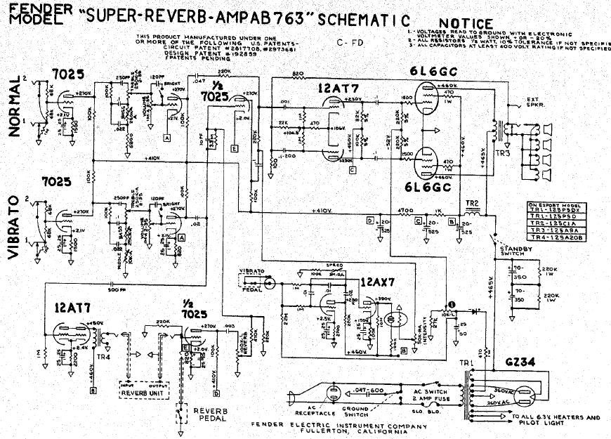 FENDER Super Reverb AB763 Schematic – Electronic Service Manuals
