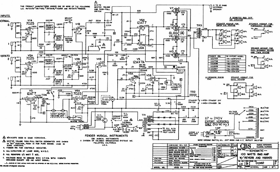 FENDER Twin Reverb SF 100 Schematic – Electronic Service Manuals